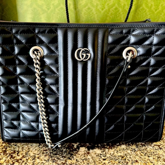 Gucci | Bags | Authentic Gucci Tote Black Quilted With Pewter Accents And Chain Handle | Poshmark